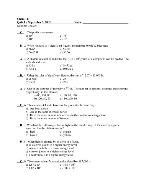 Chem 111 Quiz 1 – September 9, 2005 Name: Multiple Choice ...