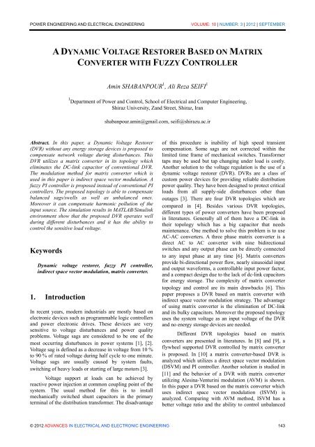 A Dynamic Voltage Restorer based on Matrix Converter with Fuzzy ...