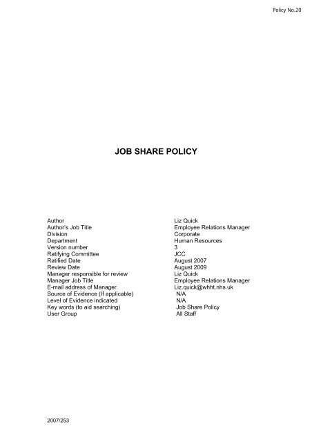 job share policy - West Hertfordshire Hospitals NHS Trust