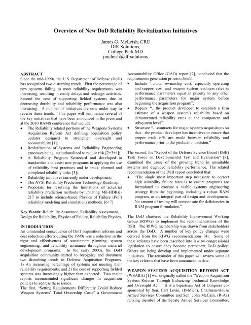 Overview of New DoD Reliability Revitalization ... - DfR Solutions