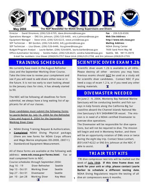 TRAINING SCHEDULE - NOAA Dive Management System