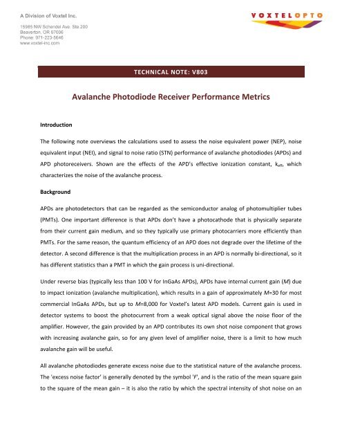V803 â Avalanche Photodiode Receiver Performance Metrics - Voxtel