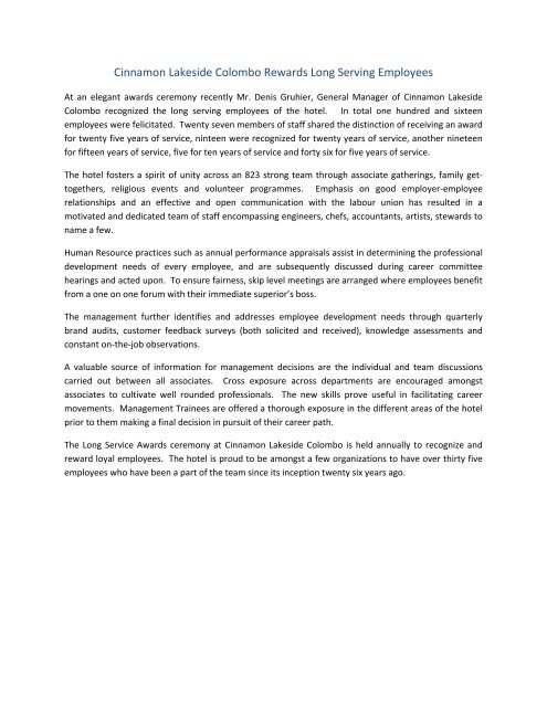 Cinnamon Lakeside Colombo Rewards Long Serving Employees