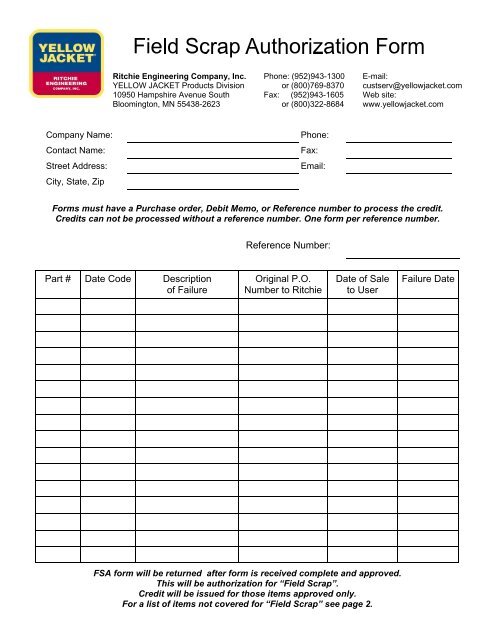 Field Scrap Request Form - Yellow Jacket