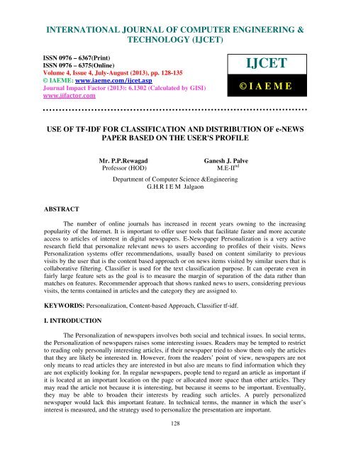 USE OF TF-IDF FOR CLASSIFICATION AND ... - Iaeme.com