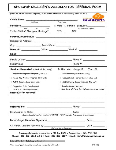 SHUSWAP CHILDREN'S ASSOCIATION REFERRAL FORM