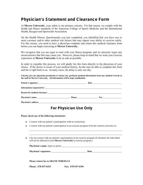 Physician's Statement and Clearance Form - Mercer University