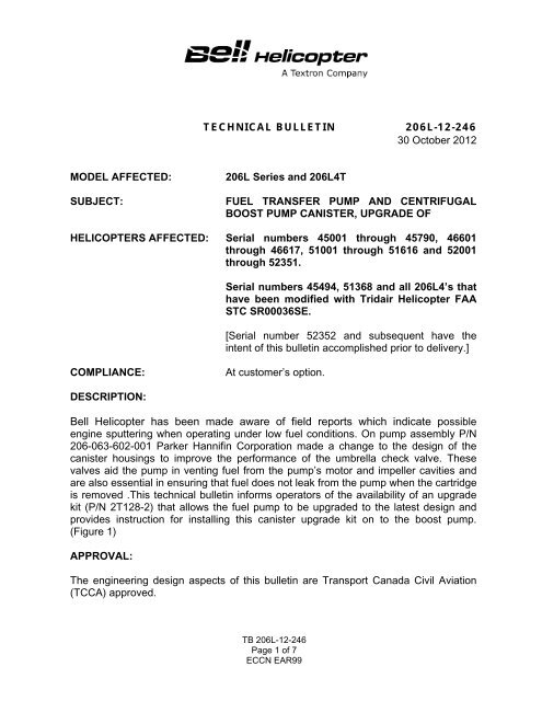TECHNICAL BULLETIN 206L-12-246 30 October 2012 MODEL ...