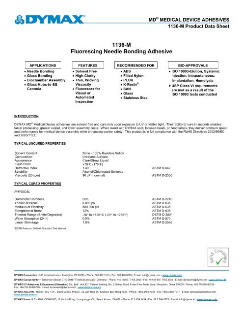 DYMAX 1136-M MD Medical Device Adhesives Product Data Sheet