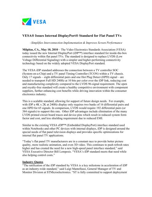 VESA® Issues Internal DisplayPort® Standard for Flat Panel TVs