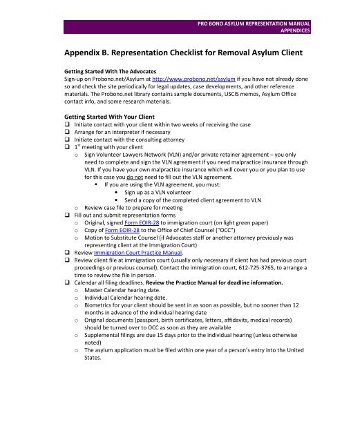 Appendix B. Representation Checklist for Removal Asylum Client