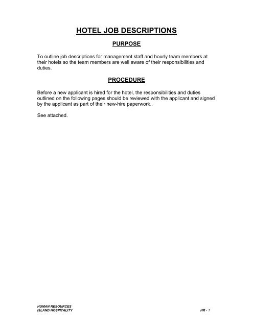HOTEL JOB DESCRIPTIONS - Island Hospitality Management
