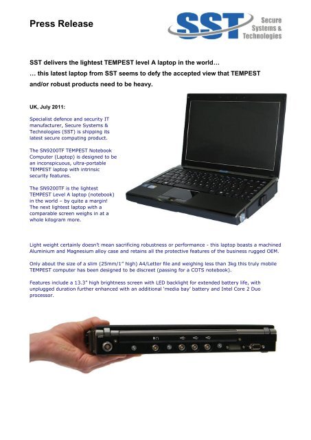SST delivers the lightest TEMPEST level A laptop in the worldâ