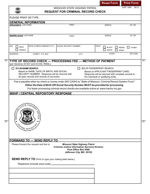 Criminal Record Check Form (SHP-158) - State Highway Patrol