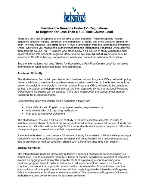 Permissible Reasons for Less Than a Full Time Course Load