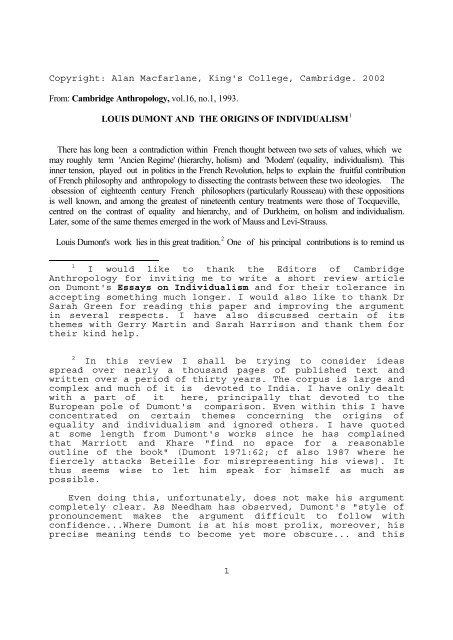 Louis Dumont and the Origins of Individualism - Alan Macfarlane