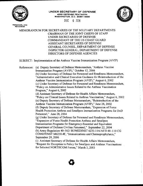 Implementation of the Anthrax Vaccine Immunization Program (AVIP)