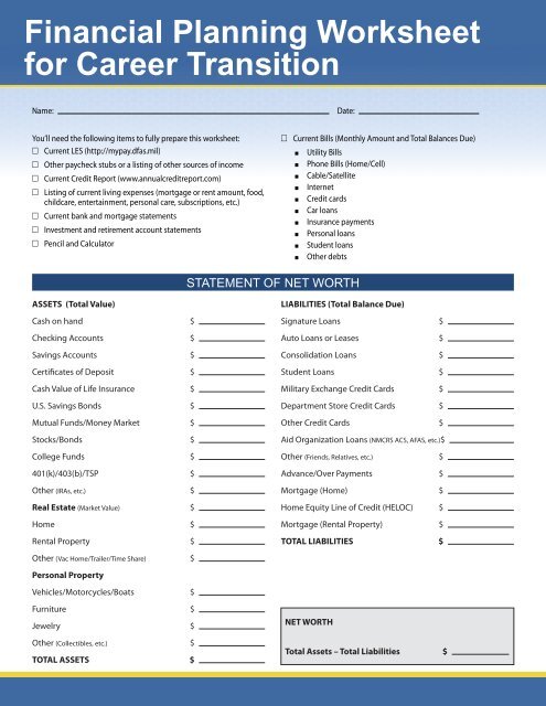 Financial Planning Worksheet For Career Transition