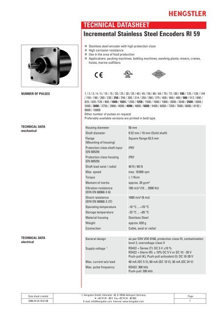 Hengstler RI 59 Incremental Stainless Steel Encoder Data Sheet