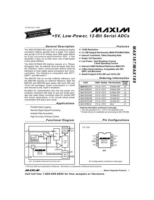 MAX1 87/MAX189 +5V, Low-Power, 12-Bit Serial ADCs