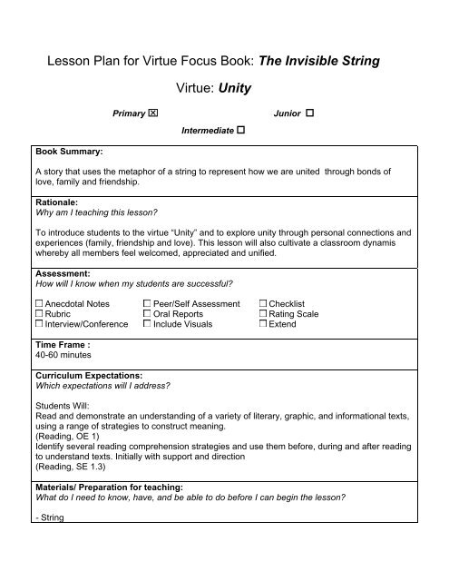 Lesson Plan for Virtue Focus Book: The Invisible String Virtue: Unity