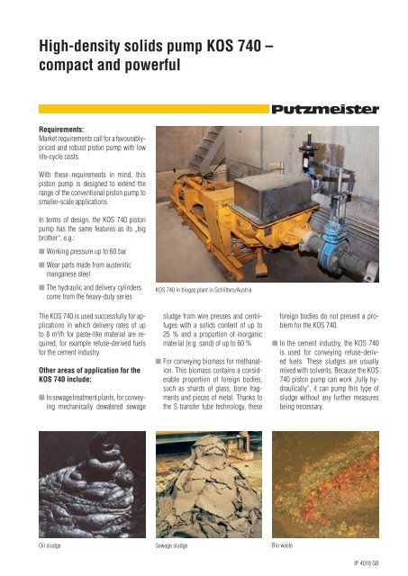 High-density solids pump KOS 740 - Putzmeister Solid Pumps