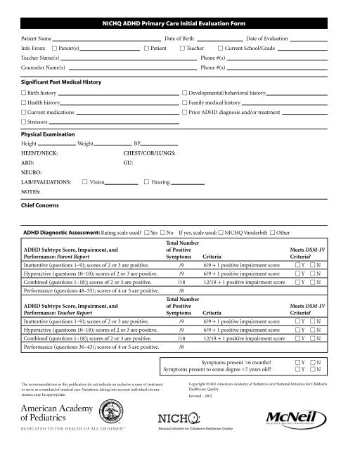 NICHQ ADHD Primary Care Initial Evaluation Form