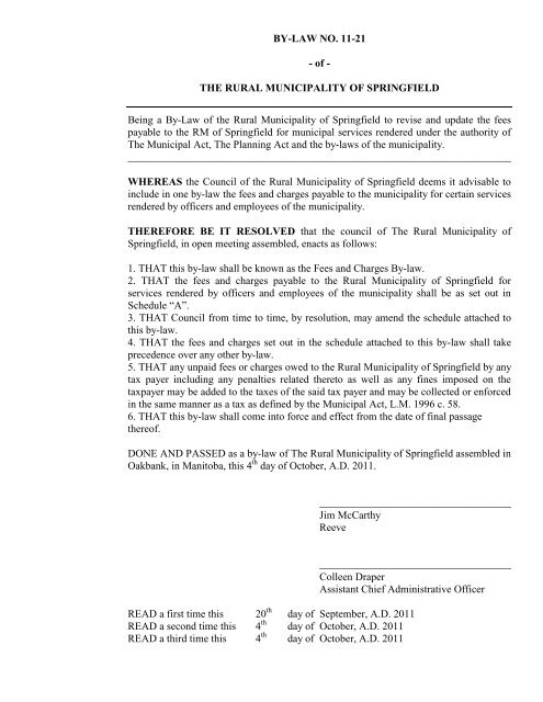 Fees and Charges By-law - Rural Municipality of Springfield