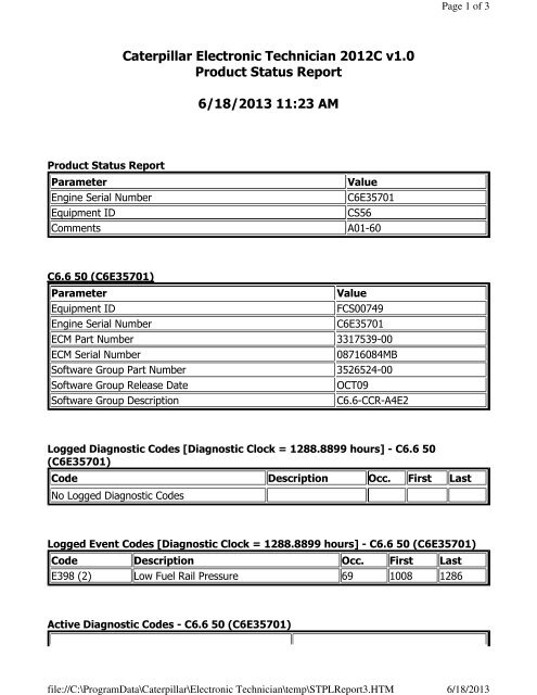Caterpillar Electronic Technician 2012C v1.0 Product Status Report ...