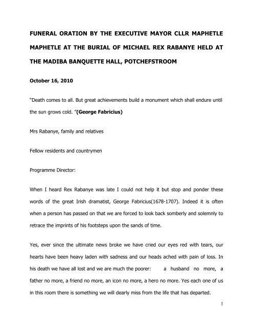 funeral oration by the executive mayor cllr maphetle maphetle at the ...