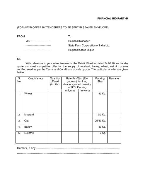 Proforma for Financial Bid (PART B) - SFCI