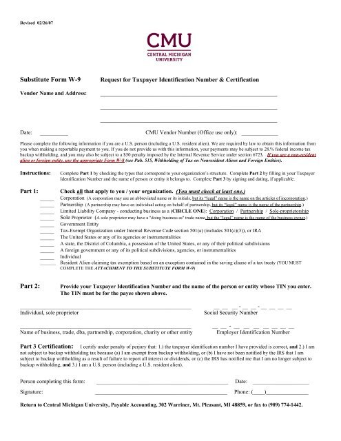 Substitute Form W-9 Part 2: - Central Michigan University