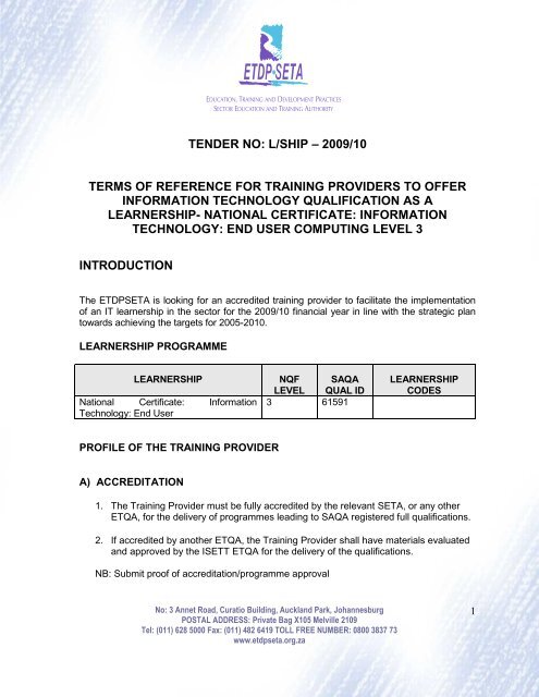 ToR for ICT End User NQF L3 - ETDP Seta