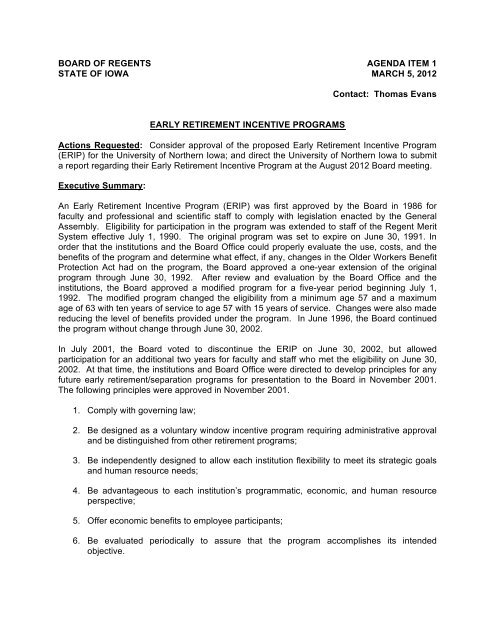 Early Retirement Incentive Program - Board of Regents - State of Iowa