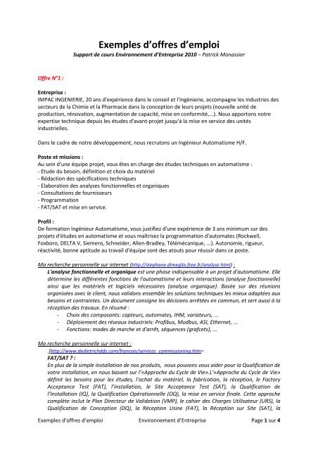 Exemples d'offres d'emploi - Patrick MONASSIER - Free