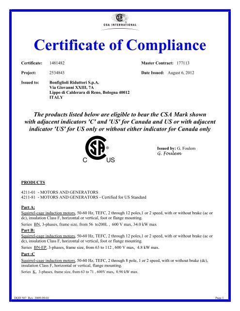 Certificate CSA Download pdf - Bonfiglioli