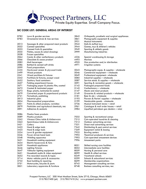 SIC CODE LIST: GENERAL AREAS OF INTEREST - Prospect Partners
