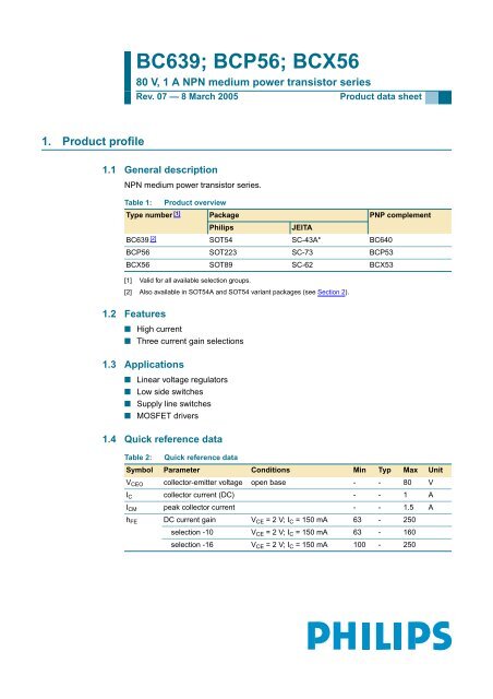 BC639; BCP56; BCX56 80 V, 1 A NPN medium power transistor series