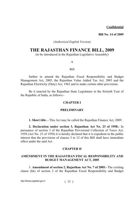 the rajasthan finance bill, 2009 - Finance Department, Government ...