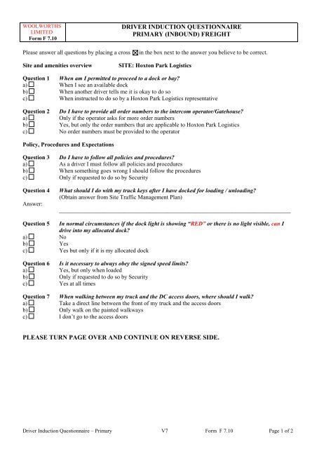Driver Induction Questionnaire-Primary _Hoxton Park ... - Masters