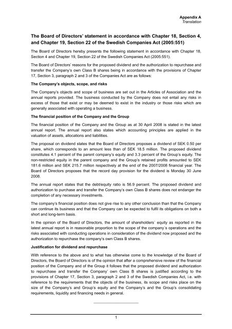 The Board of Directors' statement in accordance with ... - Sectra