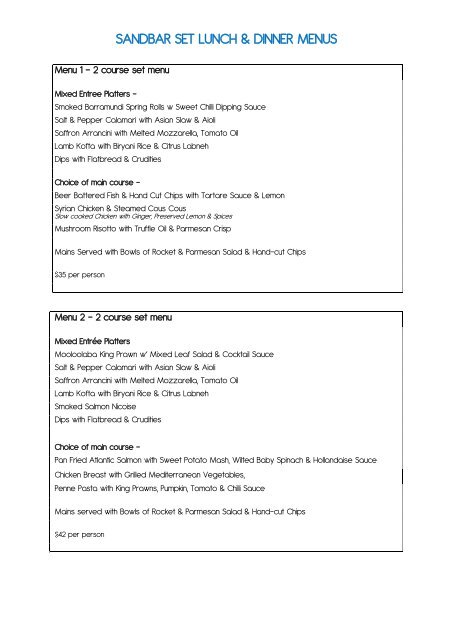 SANDBAR SET LUNCH & DINNER MENUS - Sandbar Cafe & Kiosk