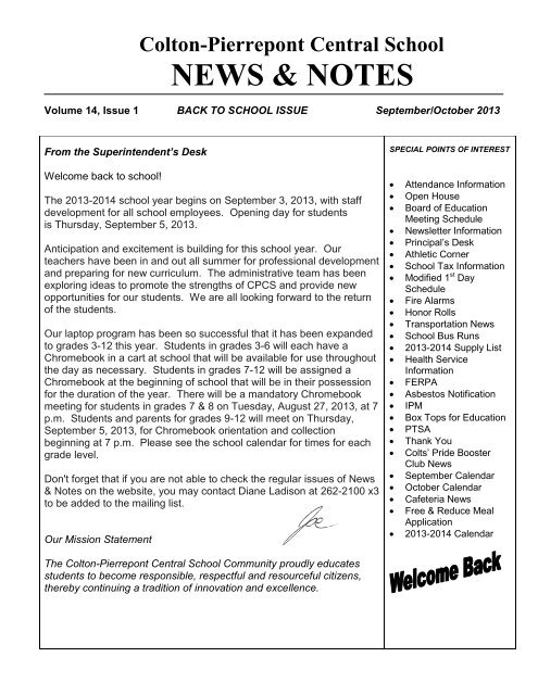 News and Notes Back to School - Colton-Pierrepont Central School
