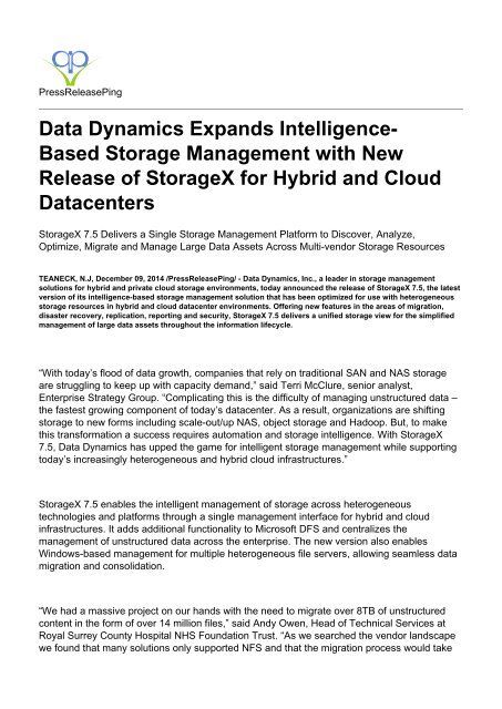 Data Dynamics Expands Intelligence Based Storage Management With New