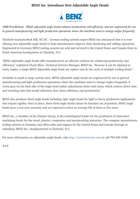 BENZ Inc. Introduces New Adjustable Angle Heads