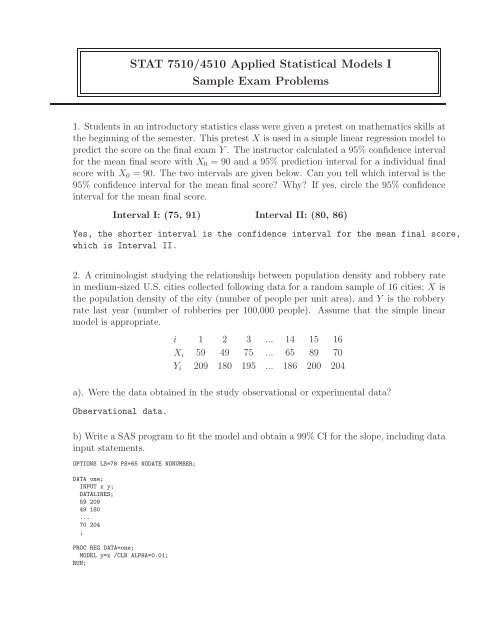 STAT 7510/4510 Applied Statistical Models I Sample Exam Problems