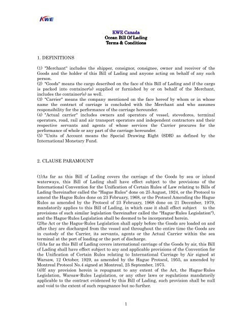 View KWE Canada Ocean Bill Of Lading Terms & Conditions
