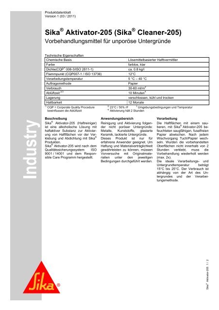 Sika Aktivator-205 (Sika Cleaner-205) - Sika Schweiz AG