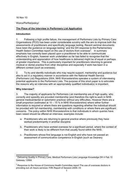 The Place of the Interview in Performers List - NHS Networks