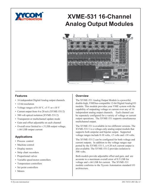 XVME-531 16-Channel Analog Output Modules